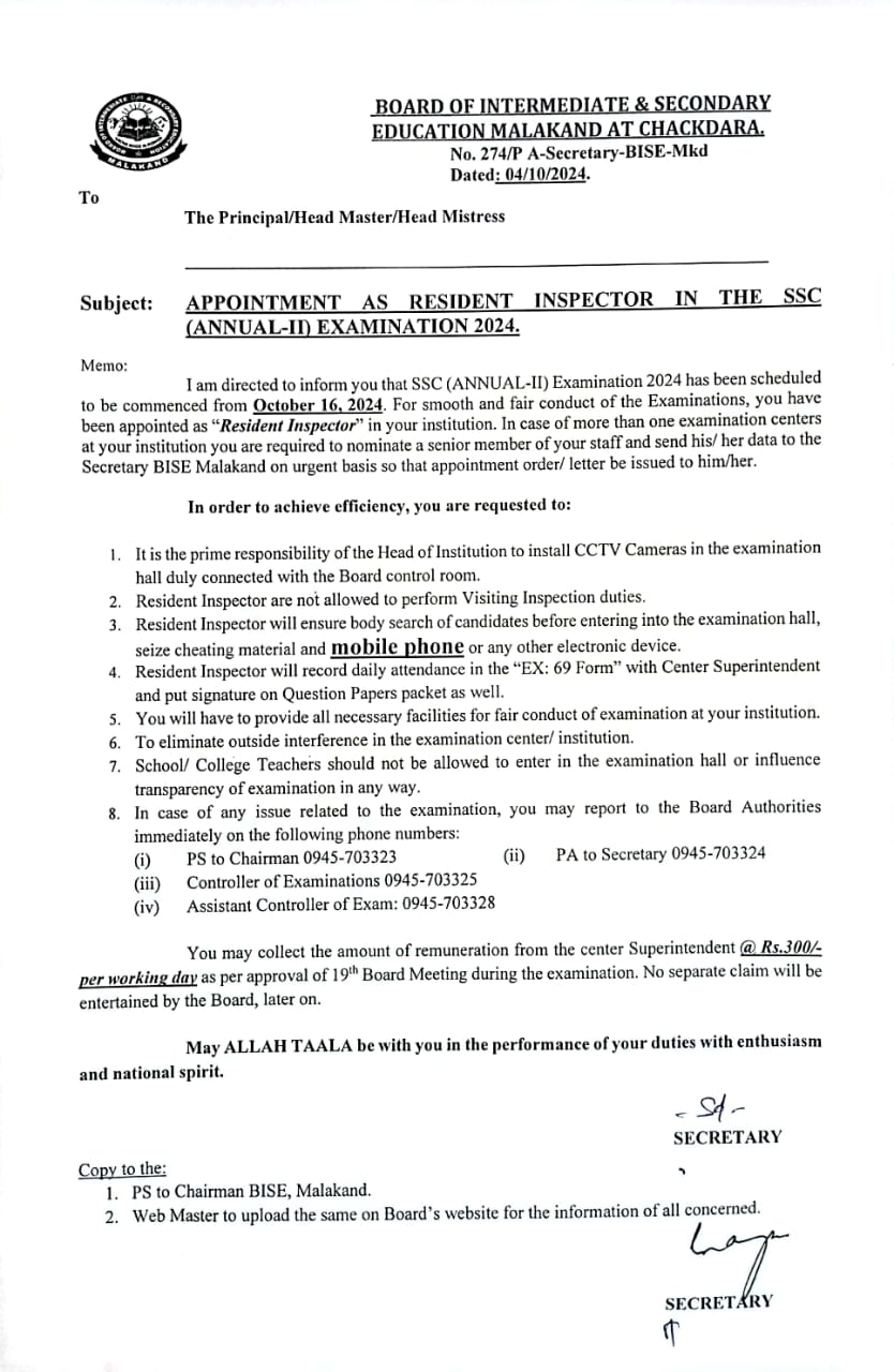 BISE Malakand - Appointment as Resident Inspector in the SSC-A-II Exam 2024
